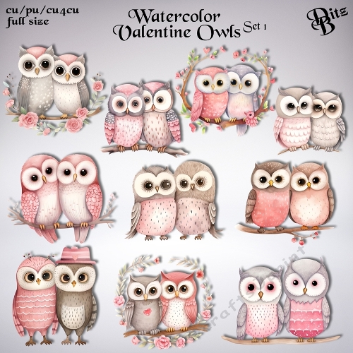 Watercolor Valentine Owls Set 1 - CUP1419893_135210 | Craftsuprint