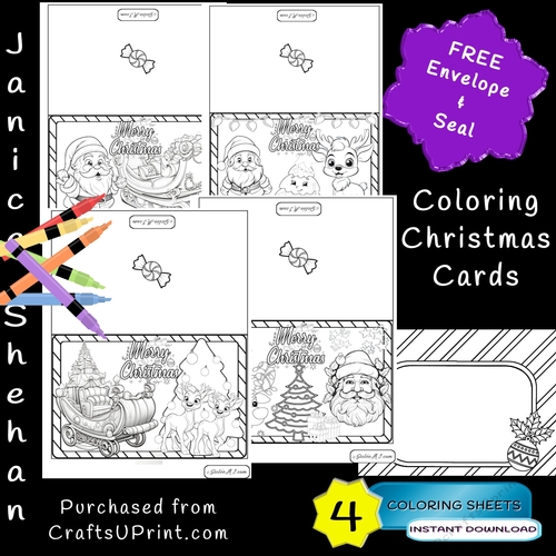 4 CHRISTMAS SANTA COLORING COLOURING CARDS WITH ENVELOPES DIY PRINTABLE ...
