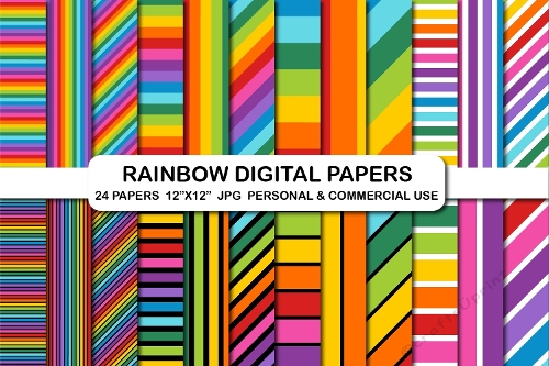 24 Rainbow Stripes Digital Papers Set, Bright Colors Background Papers ...