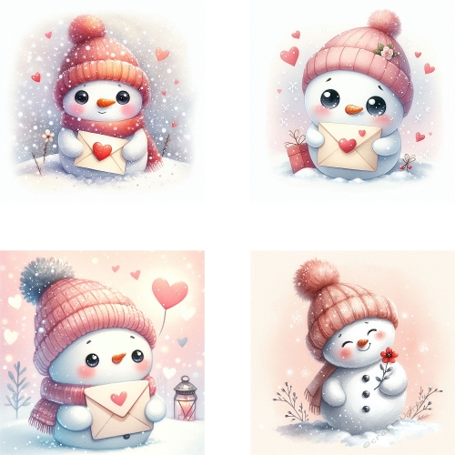 Kit 4 Watercolor Snowmen with Heart Letters – Winter Valentine Clipart ...