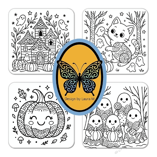 Collage of 4 Halloween Zentangle Coloring Pages – Haunted House, Cat ...