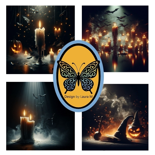Collage of 4 Spooky Halloween Scenes – Lit Candles, Pumpkins, Bats ...