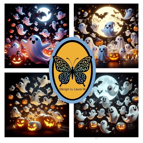 Collage of 4 Cute Halloween Scenes – Smiling Ghosts, Jack-o-Lanterns ...