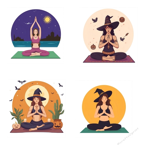 Witch Yoga Digital Art – 4 Full-Body Women in Halloween Style with Moon ...
