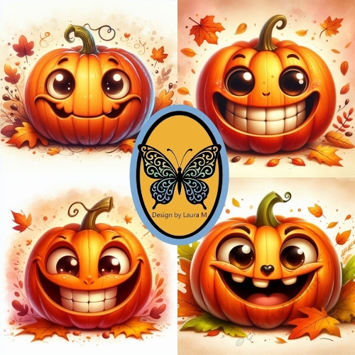 Cartoon Jack-O-Lantern Faces – 4 Vibrant Pumpkins with Expressive Eyes ...