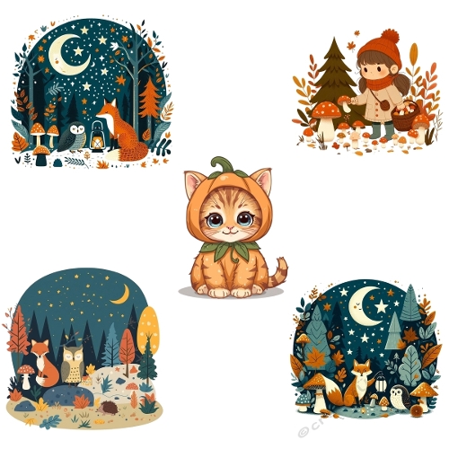 Whimsical Autumn Cat Watercolor Clipart Kit –5 digital Forest ...
