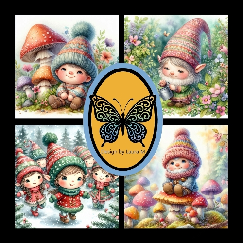 Adorable Watercolor Elves with Mushrooms Set of 4 Cute Rosy-Cheeked ...