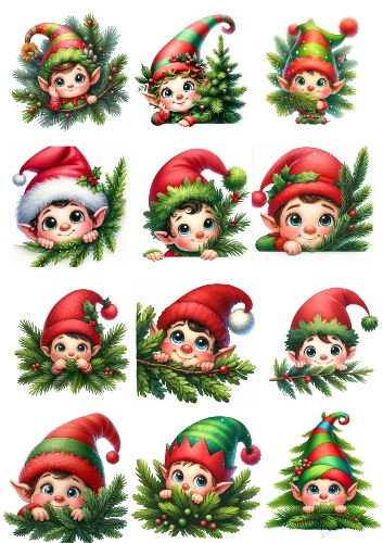 Nine Cute Christmas Elves Peeking from Pine Branches – Whimsical ...