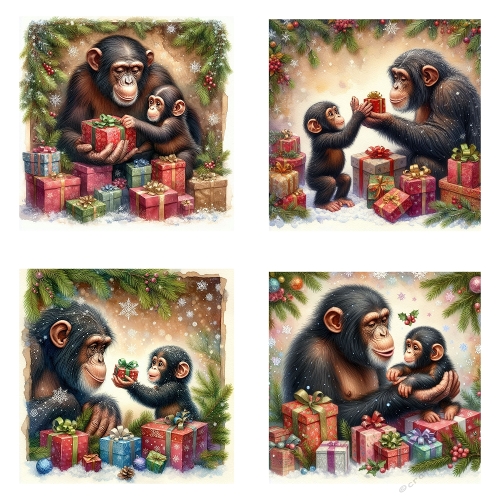 Watercolor Chimpanzee Mother and Baby Christmas Gift Scene – Festive ...