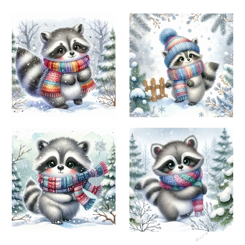 Winter Raccoons Collage – 4 Panel (2000x2000 JPEG) for Seasonal Crafts ...