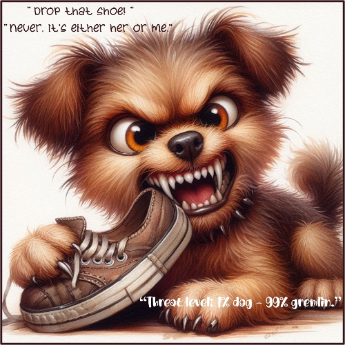 Funny Cartoon Angry Puppy with Shoe – Humorous Gremlin Dog Illustration ...