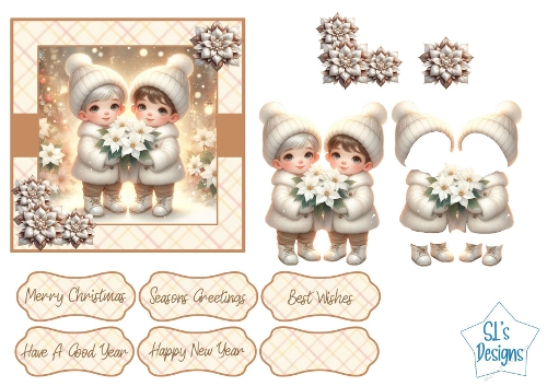 Cute Winter Twins Christmas Card Topper with Poinsettias – DIY ...