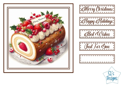 Festive Christmas Yule Log Cake, Holiday Card Front & Sentiment Tags ...